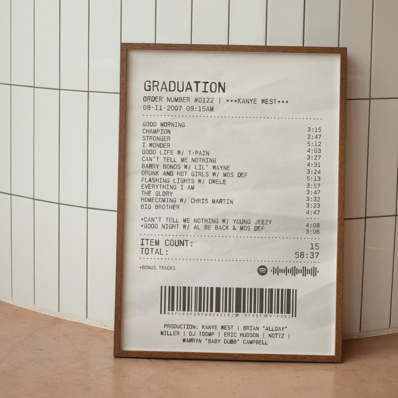 Graduation Kanye West Receipt Poster Digital Print With Spotify QR Code ...