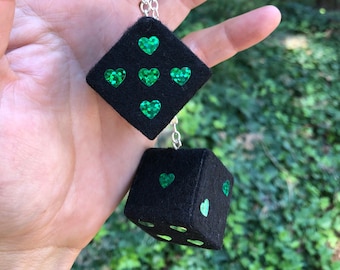 Black Fuzzy Dice With Purple Sparkle Hearts and Chain or Cord / Car ...