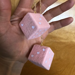Baby Pink Fuzzy Dice With White Hearts and Chain or Cord / Car ...