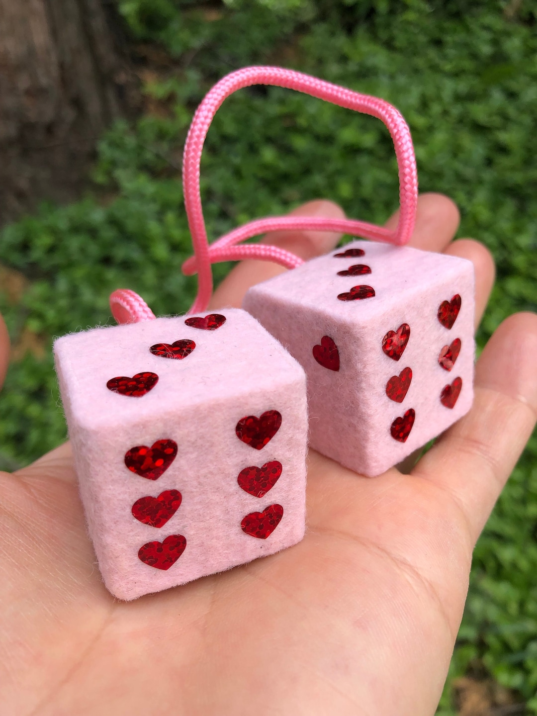 Baby Pink Fuzzy Dice With Red Sparkle Hearts and Chain or Cord / Car ...