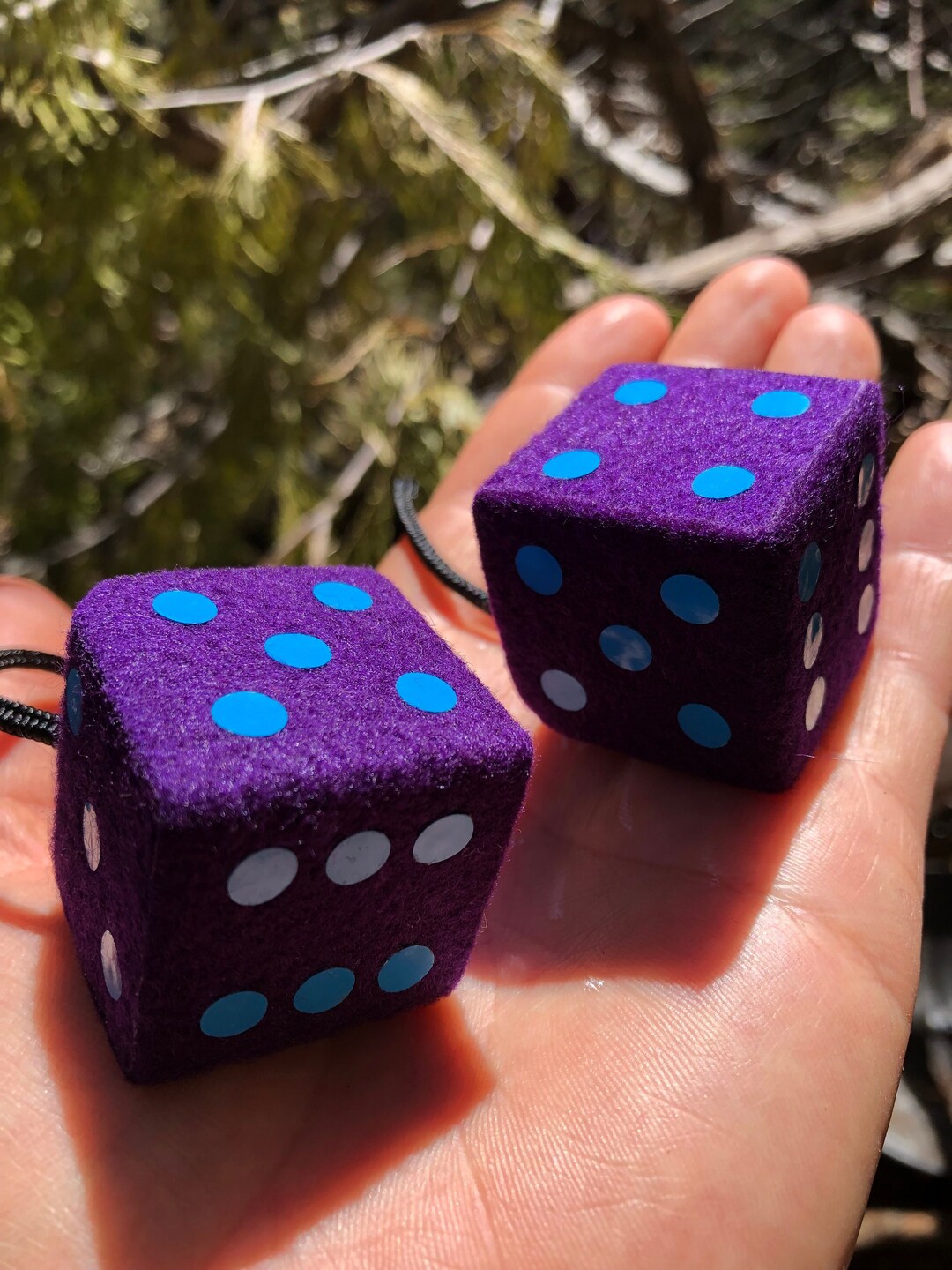 Purple Fuzzy Dice With Blue Dots and Chain or Cord / Car Accessories ...