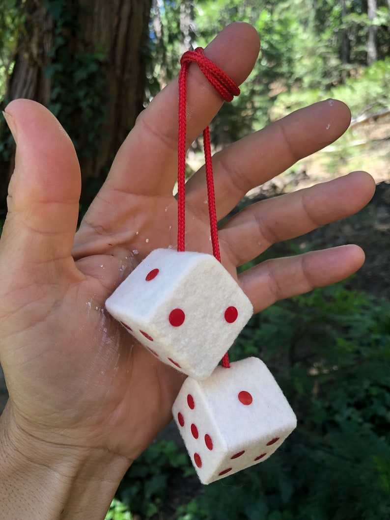 Cream Fuzzy Dice With White Dots and Chain or Cord / Car Accessories ...
