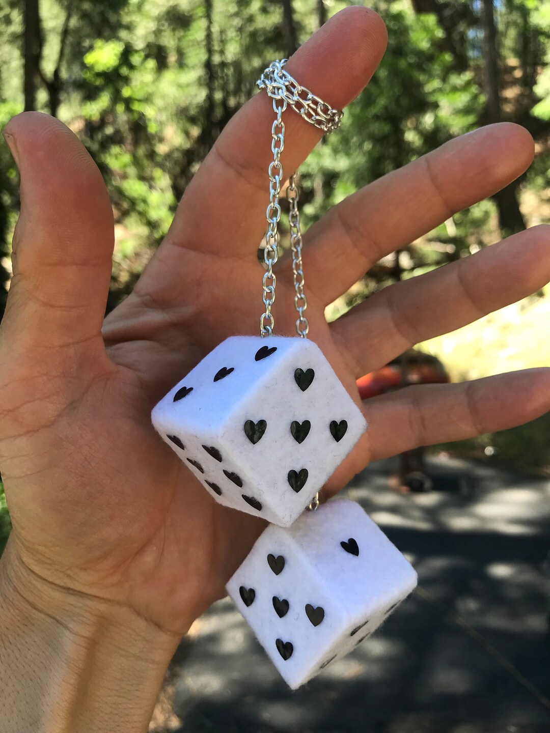 White Fuzzy Dice With Black Hearts and Chain or Cord / Car Accessories ...