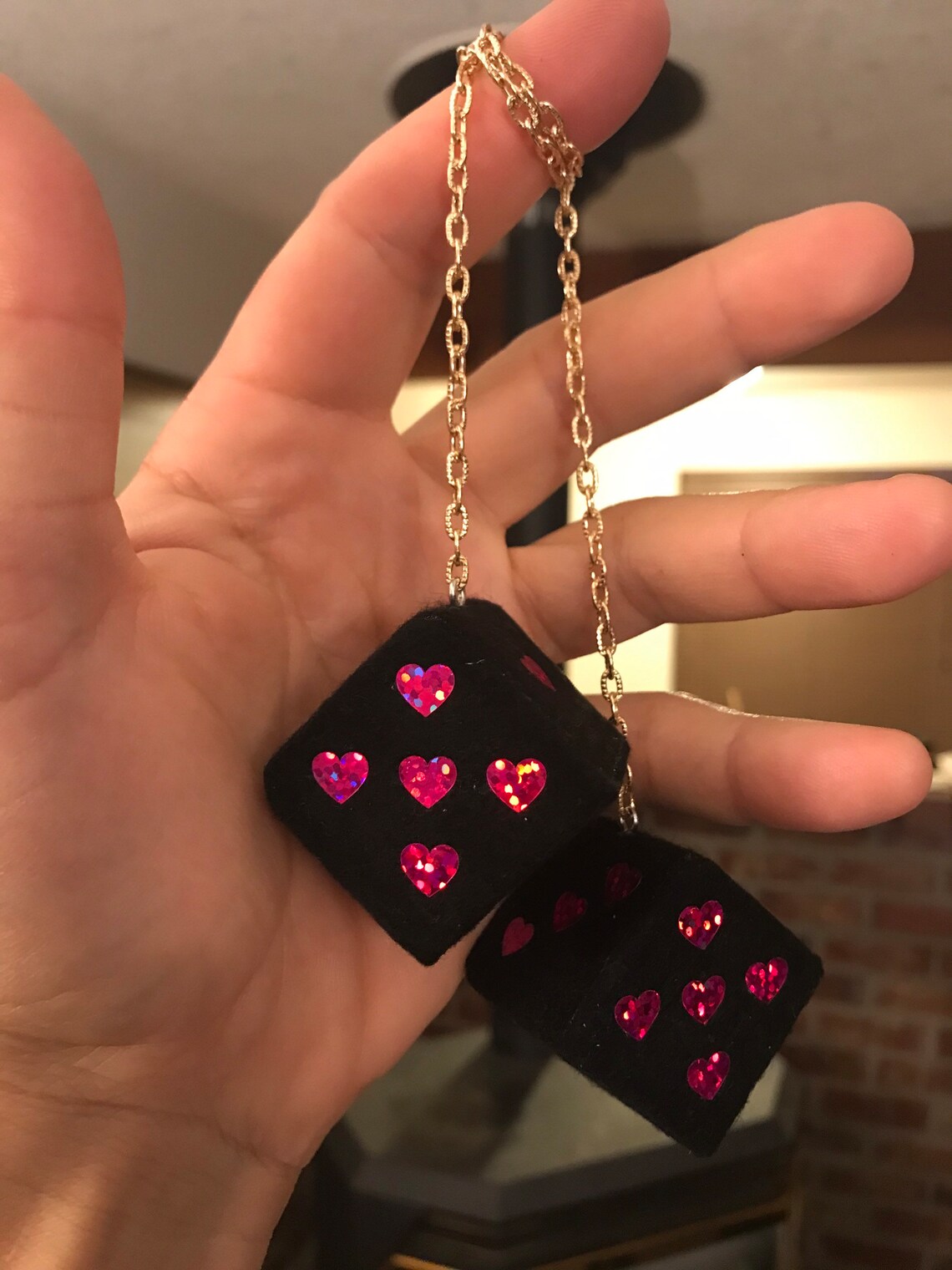 Black Fuzzy Dice With Blue Sparkle Hearts and Chain or Cord / Car ...