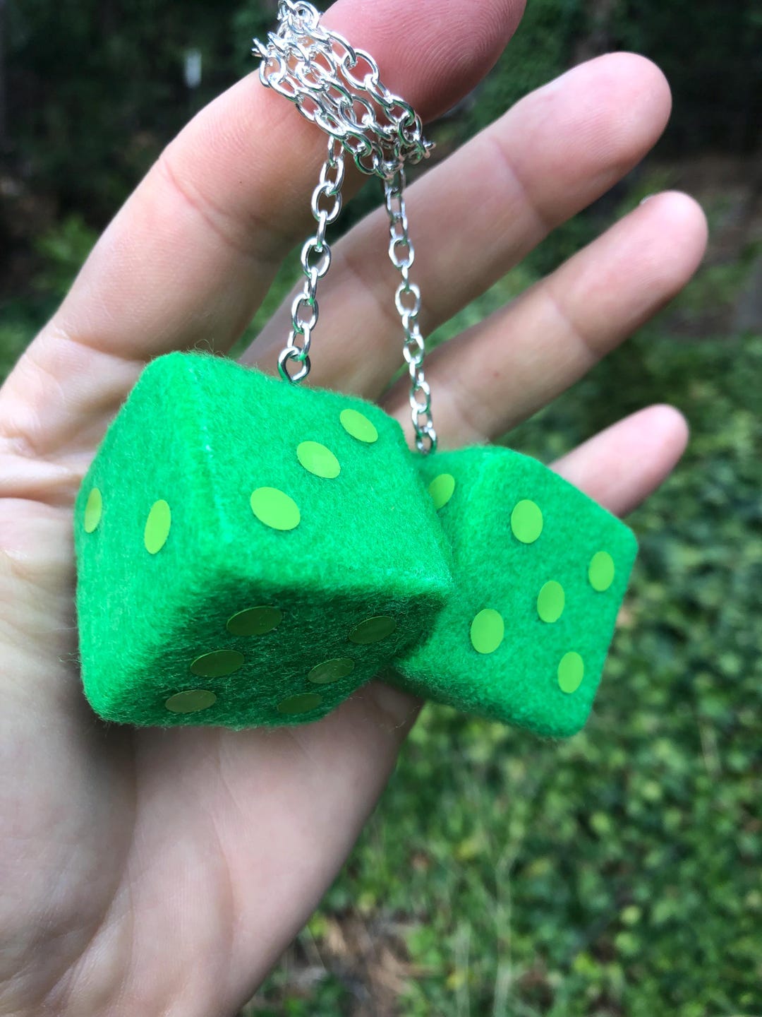 Apple Green Fuzzy Dice With Lime Green Dots and Chain or Cord / Car ...