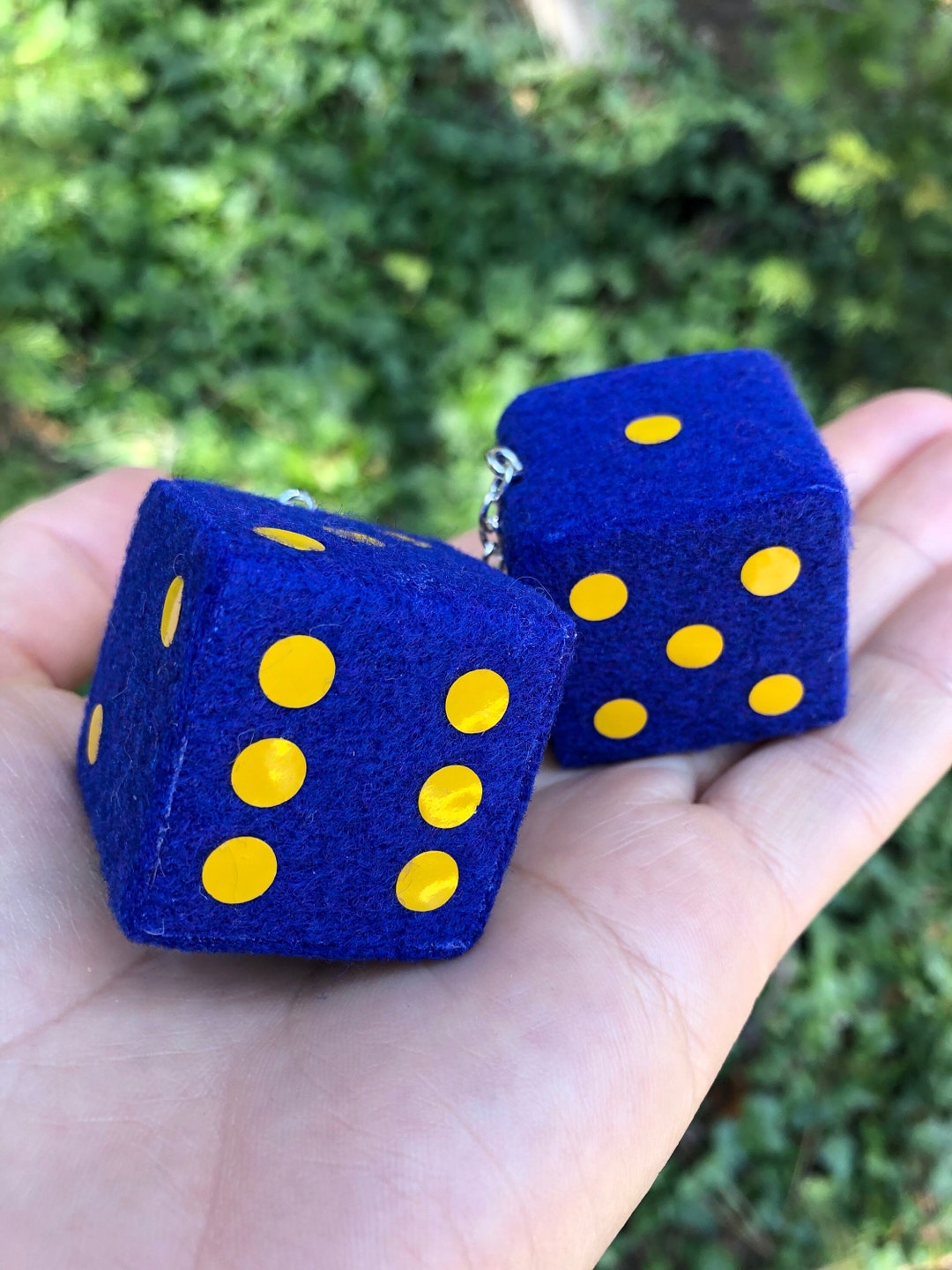 Royal Blue Fuzzy Dice With Golden Yellow Dots and Chain or Cord / Car ...