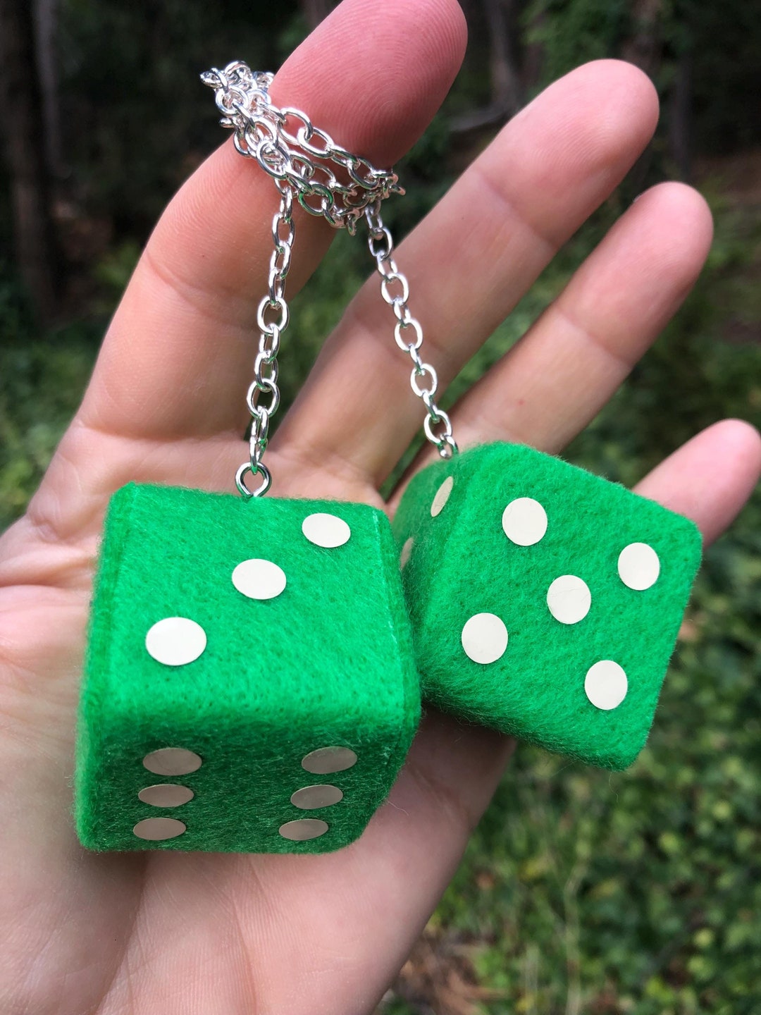 Apple Green Fuzzy Dice With Beige Dots and Chain or Cord / Car ...