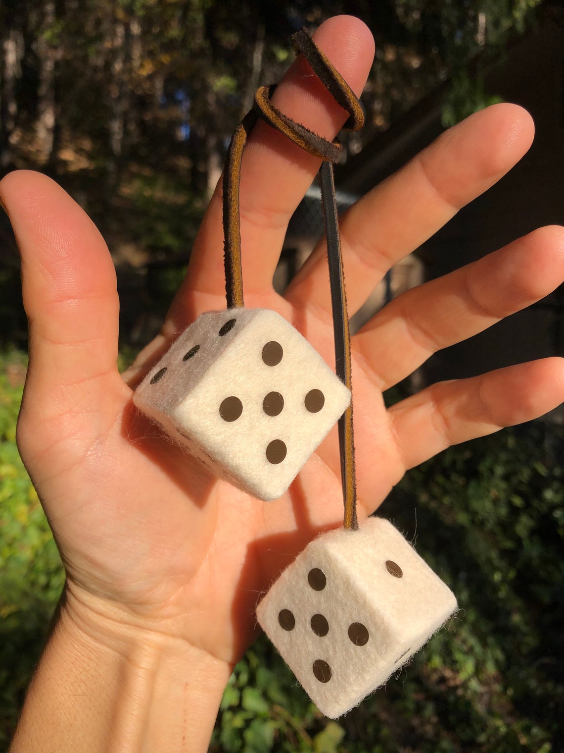 Cream Fuzzy Dice With White Dots and Chain or Cord / Car Accessories ...
