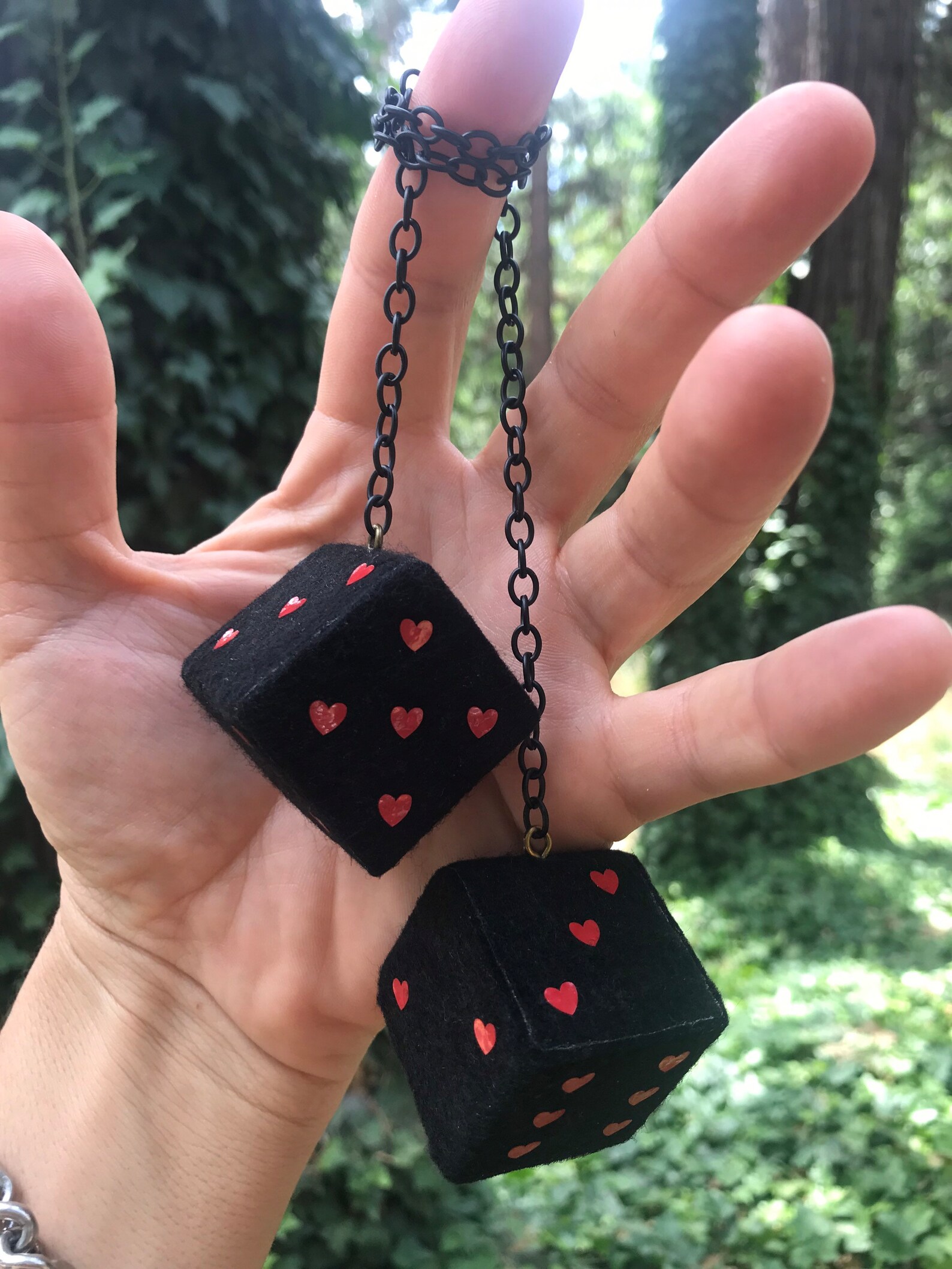Black Fuzzy Dice With Red Hearts and Chain or Cord - Etsy