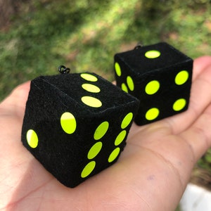 Black Fuzzy Dice With Neon Green Dots and Chain or Cord / Car ...