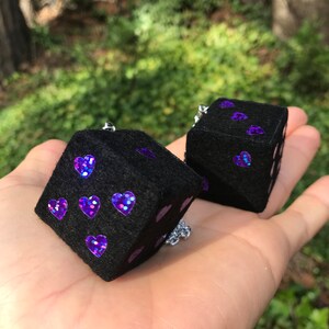 Black Fuzzy Dice With Purple Sparkle Hearts and Chain or Cord / Car ...