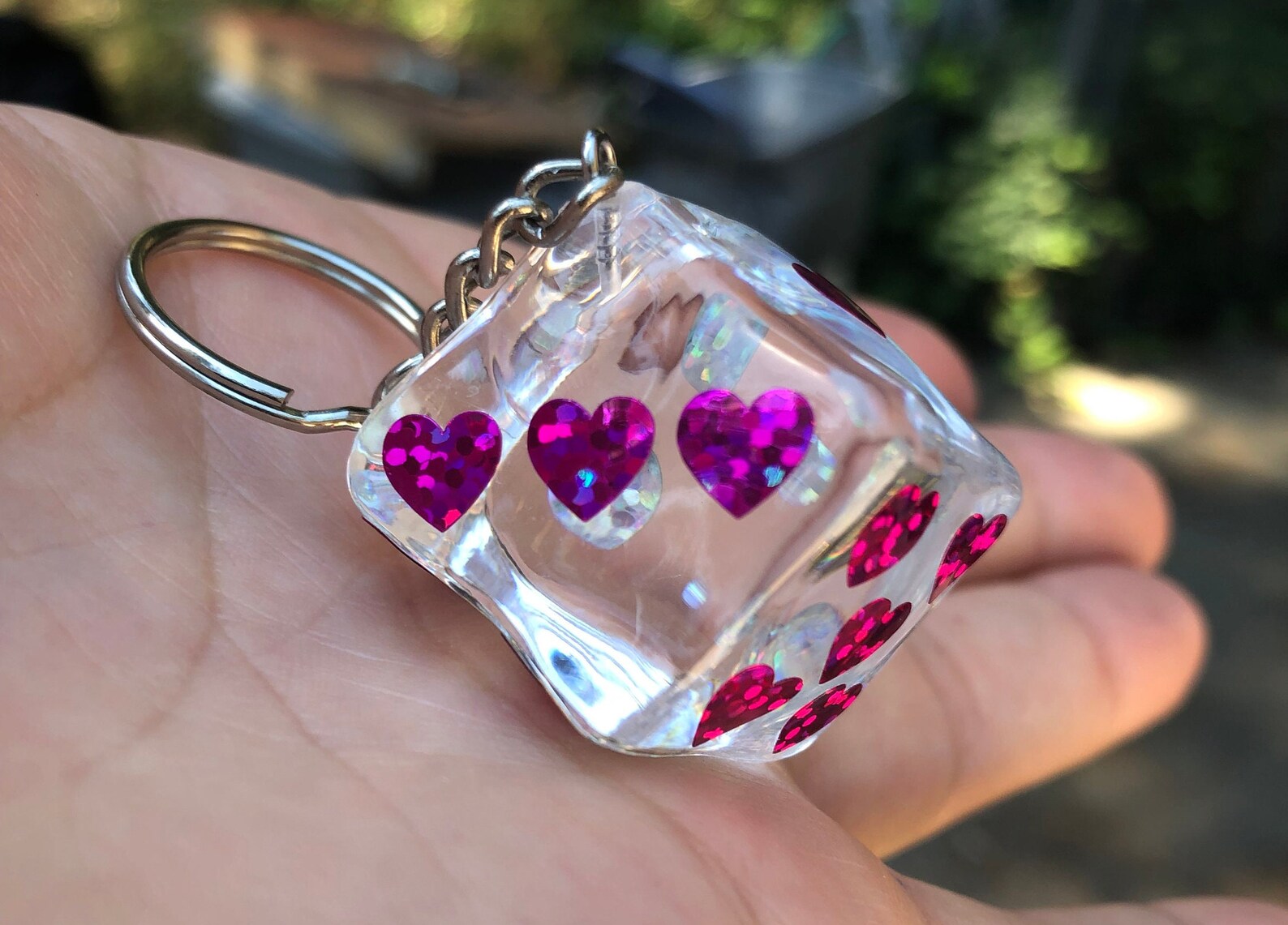Ice Dice Keychain With Hot Pink Sparkle Hearts Ice Cube Keys Holder ...