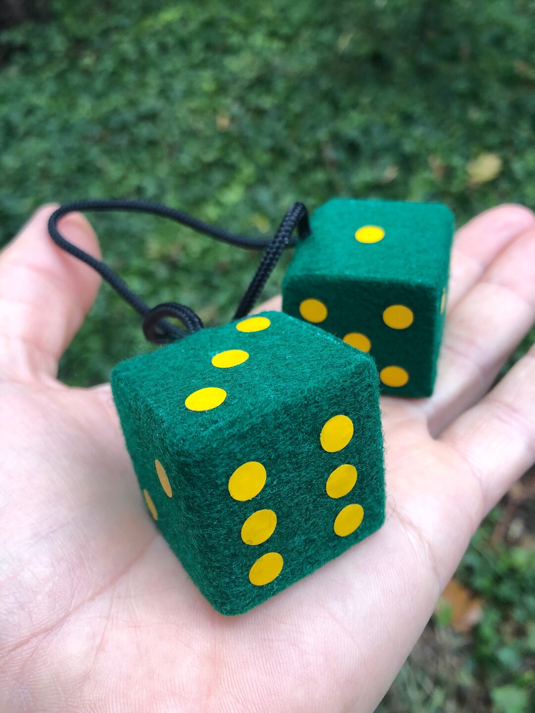 Dark / Kelly Green Fuzzy Dice With Golden Yellow Dots and Chain or Cord ...