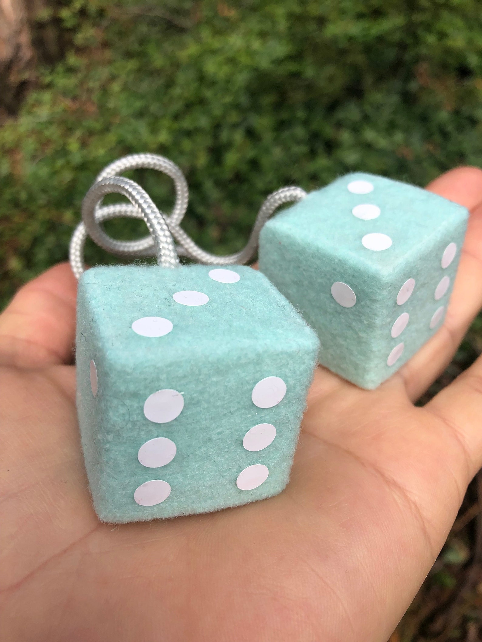 Minty Green Fuzzy Dice With White Dots and Chain or Cord / Car ...