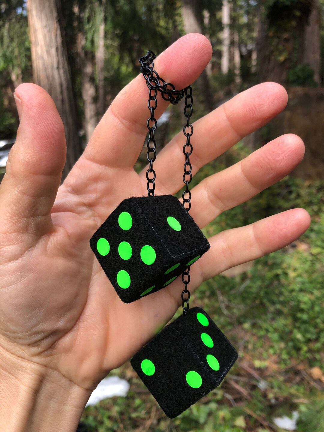 Black Fuzzy Dice With Neon Green Dots and Chain or Cord / Car ...