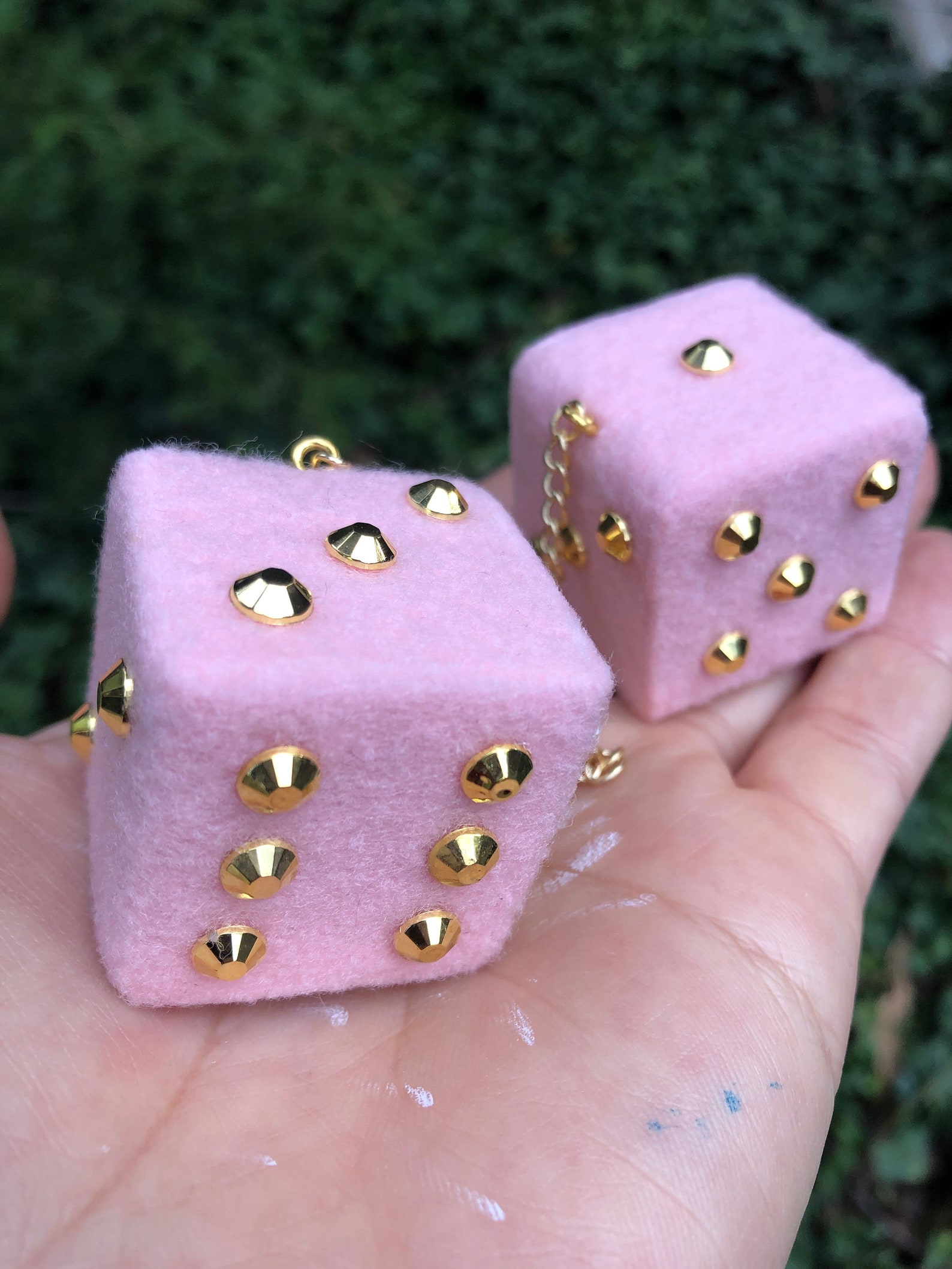 Baby Pink Fuzzy Dice With Silver Chrome Gems and Chain or Cord / Car ...