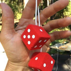 Red Fuzzy Dice With Black Dots and Chain or Cord / Car Accessories ...