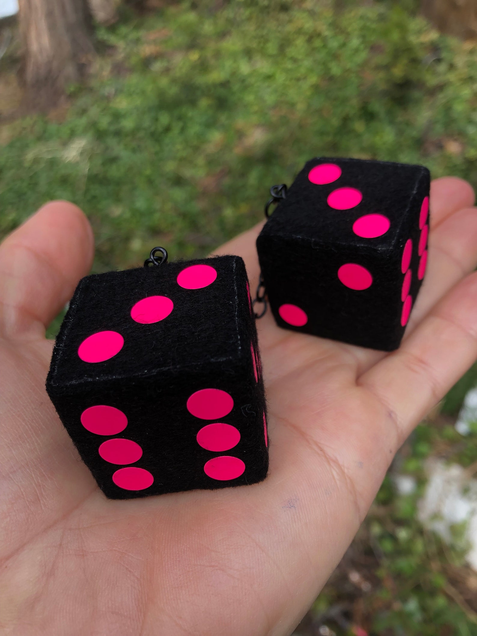 Black Fuzzy Dice With Neon Orange Dots and Chain or Cord / Car ...