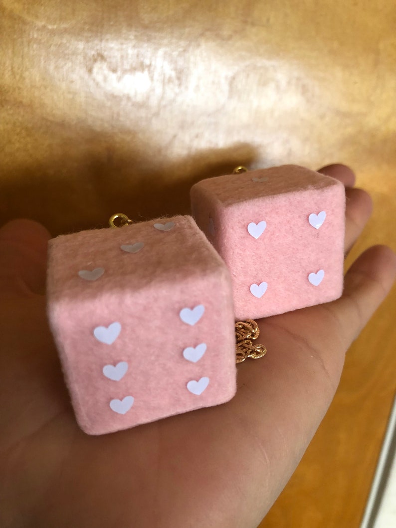 Baby Pink Fuzzy Dice With White Hearts and Chain or Cord - Etsy