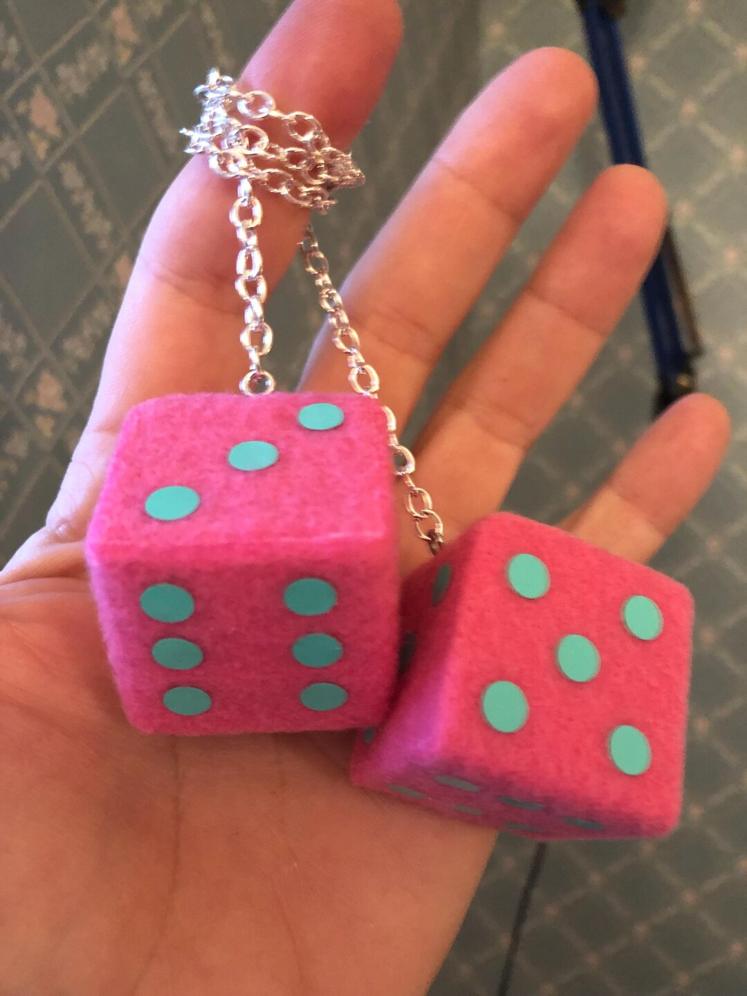 Candy Pink Fuzzy Dice With Mint Dots and Chain or Cord / Car ...