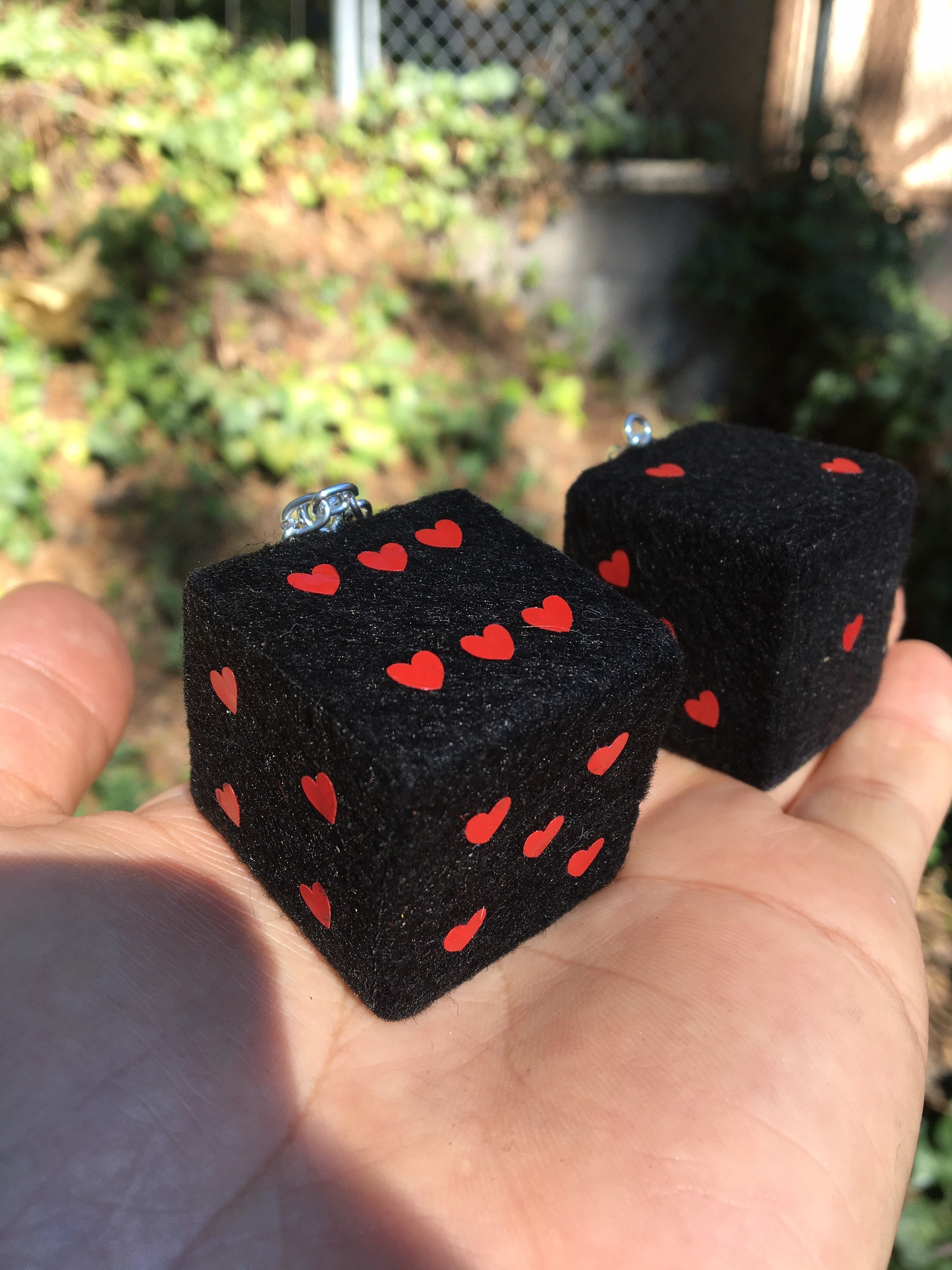 Black Fuzzy Dice With Red Hearts and Chain or Cord / Car Accessories ...