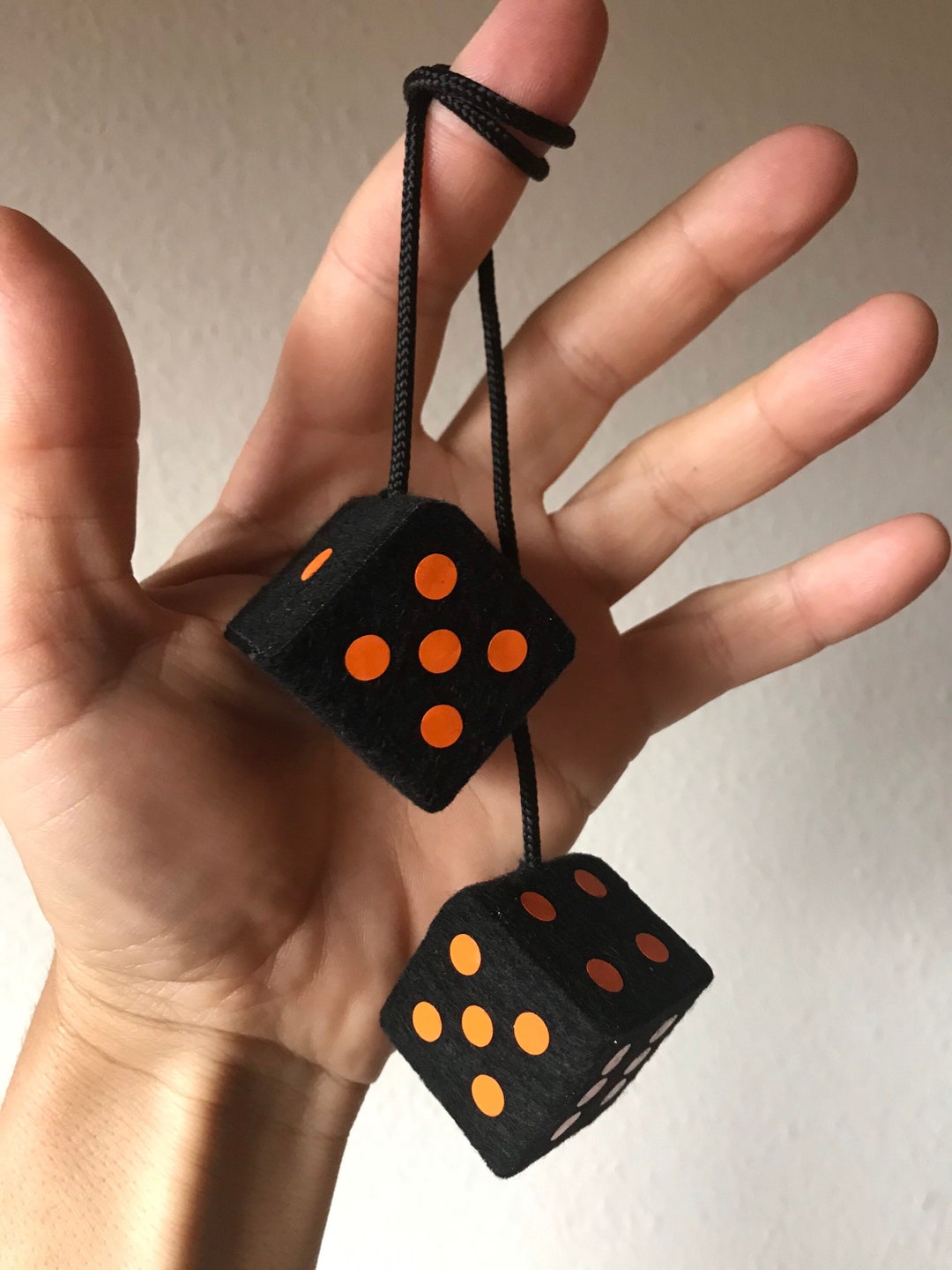 Black Fuzzy Dice With Orange Dots and Chain or Cord / Car Accessories ...