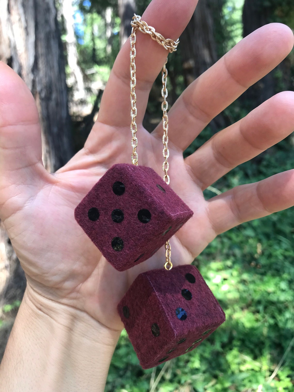 Burgundy Fuzzy Dice With White Dots and Chain or Cord / Car Accessories ...
