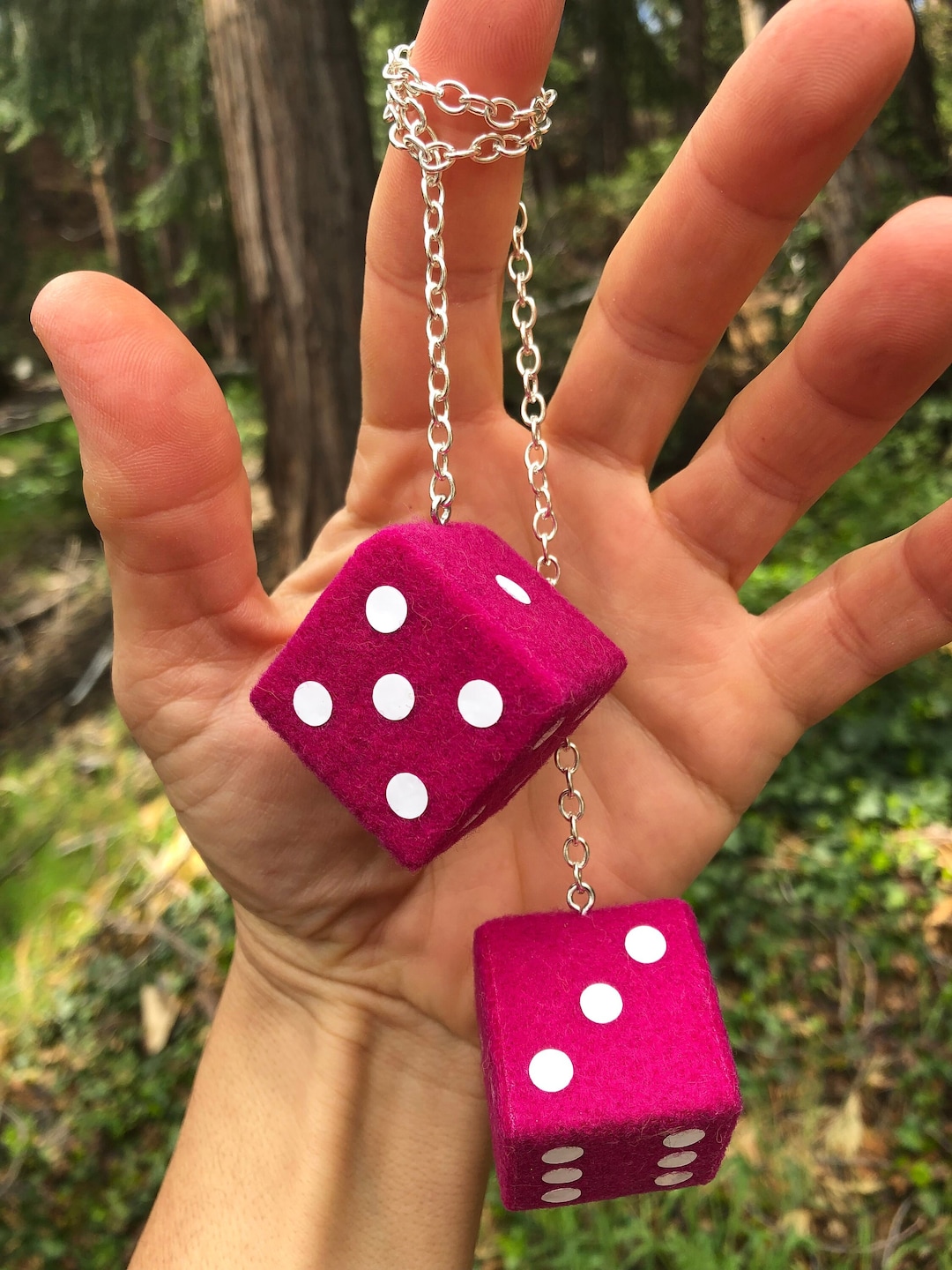 Raspberry Fuzzy Dice With White Dots and Chain or Cord / Car ...