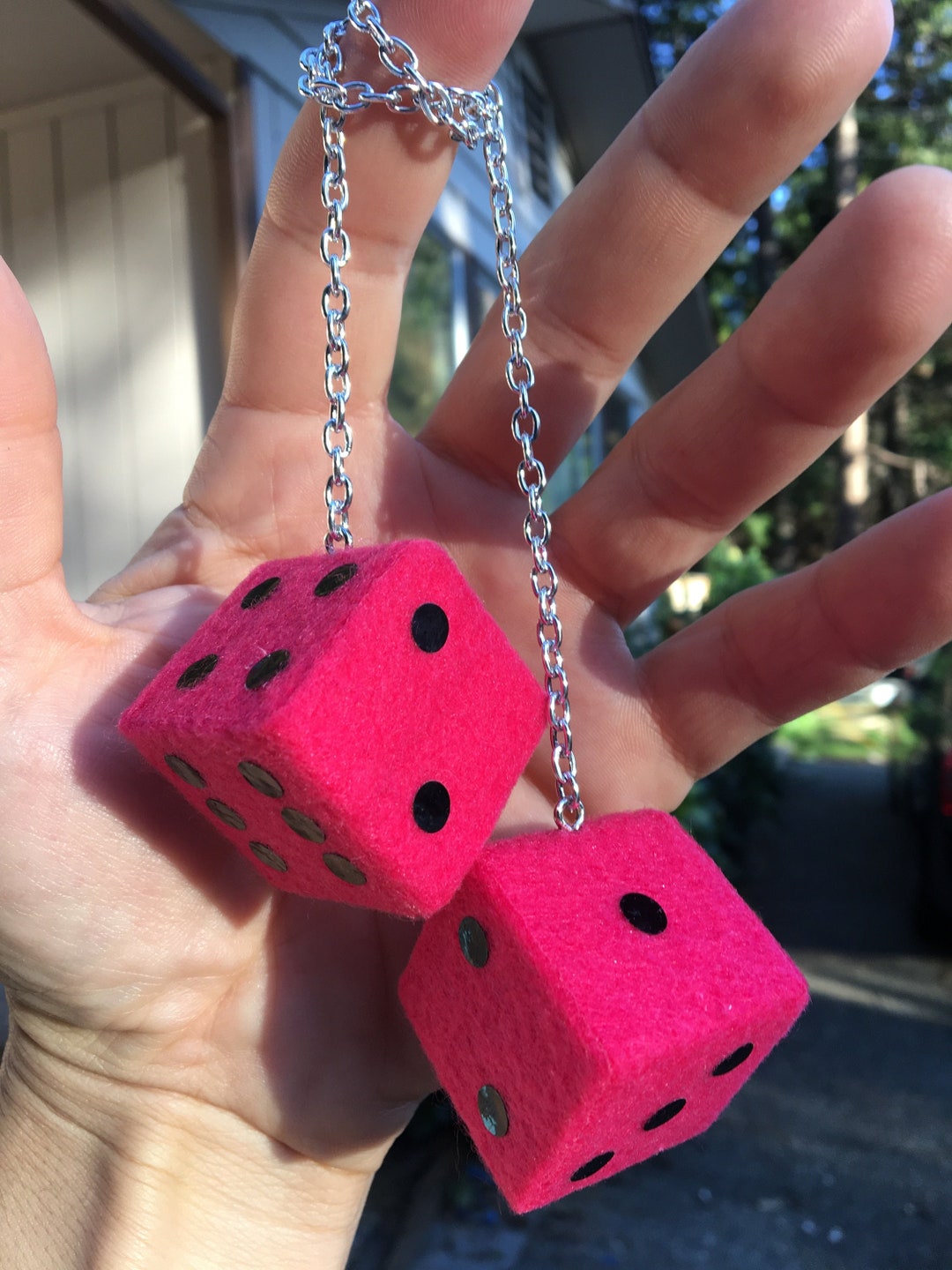 Shocking Pink Fuzzy Dice With Black Dots and Chain or Cord / Car ...