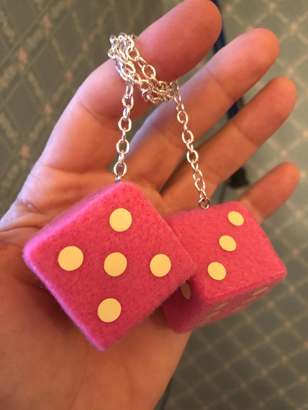 Candy Pink Fuzzy Dice With Ivory Dots and Chain or Cord / Car ...
