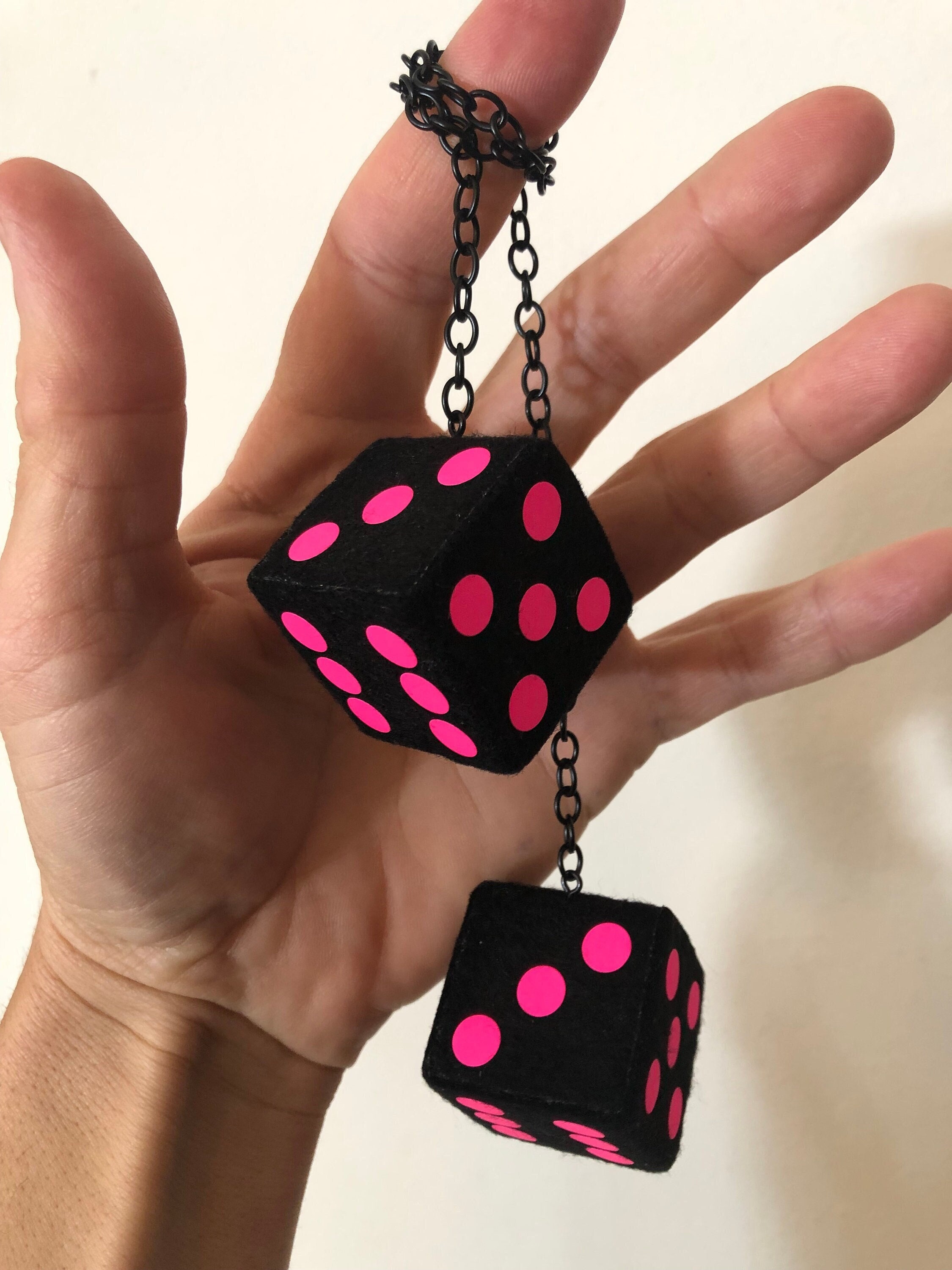 Black Fuzzy Dice With Neon Orange Dots and Chain or Cord / Car ...