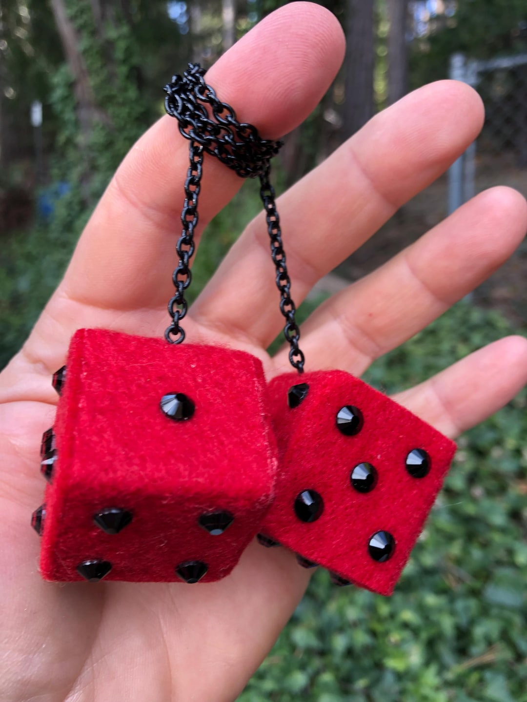 Red Fuzzy Dice With Black Bling Gems and Chain or Cord / Car ...