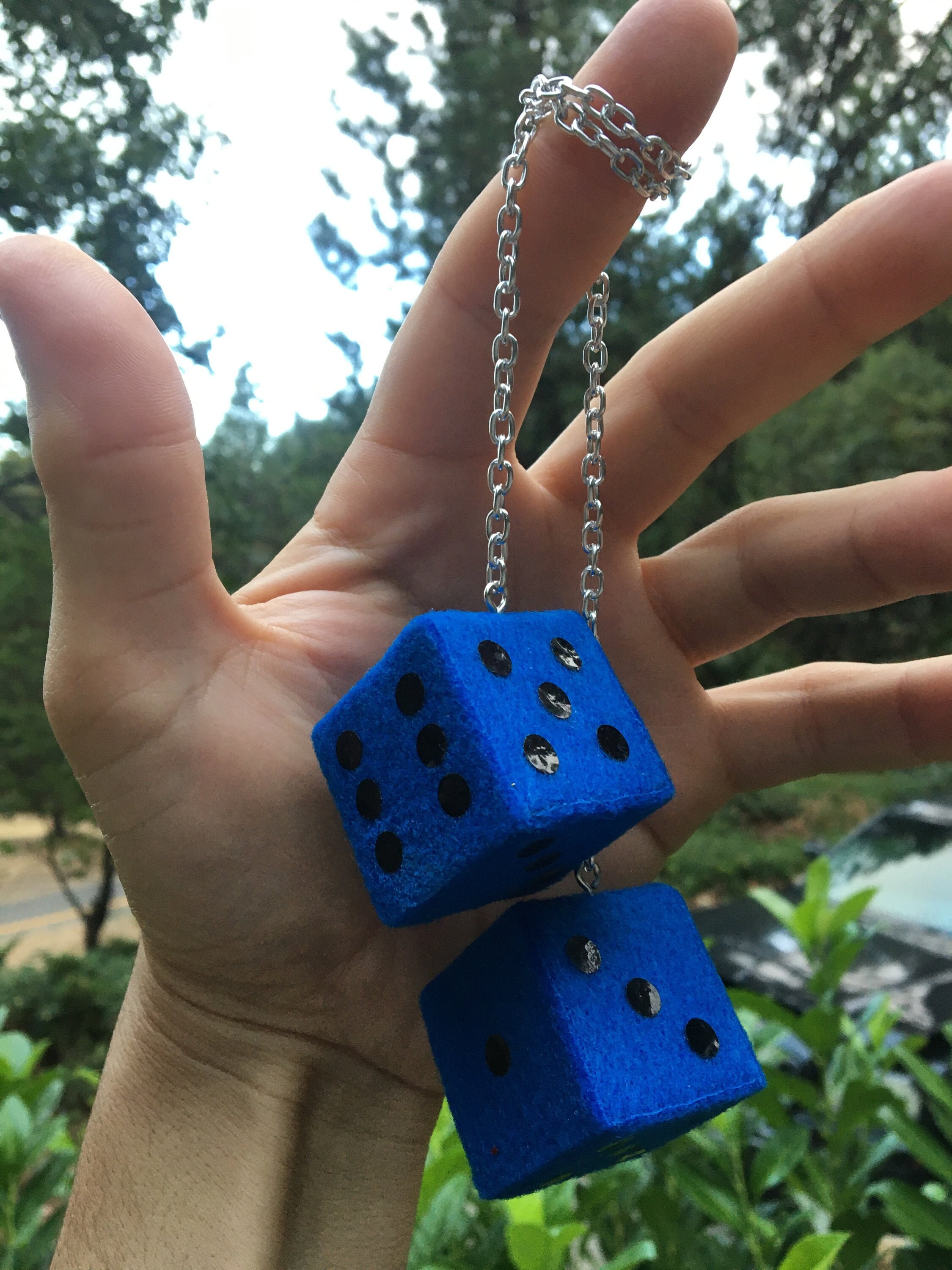 Neon Blue Fuzzy Dice With Black Dots and Chain or Cord / Car ...
