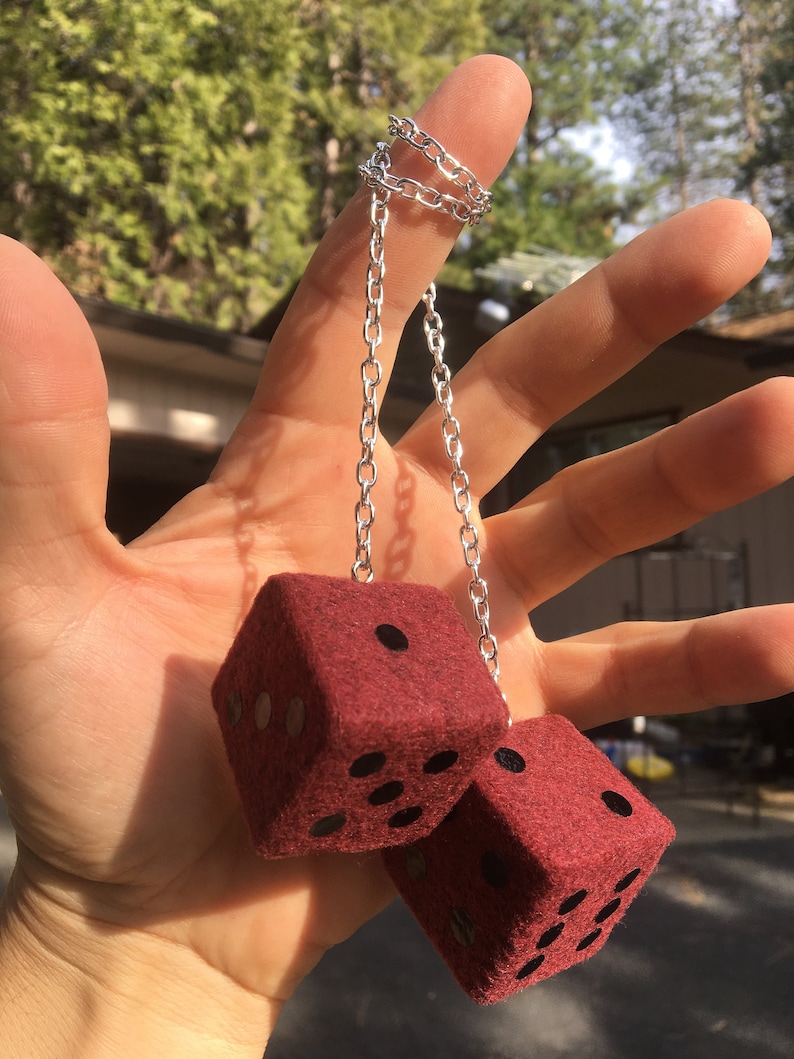 Burgundy Fuzzy Dice With White Dots and Chain or Cord / Car Accessories ...