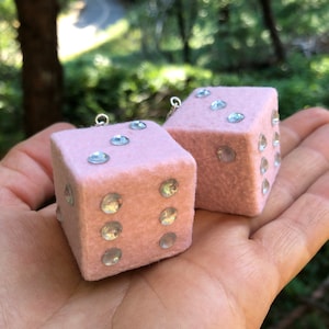 Baby Pink Fuzzy Dice With Clear Bling Gems and Chain or Cord / Car ...