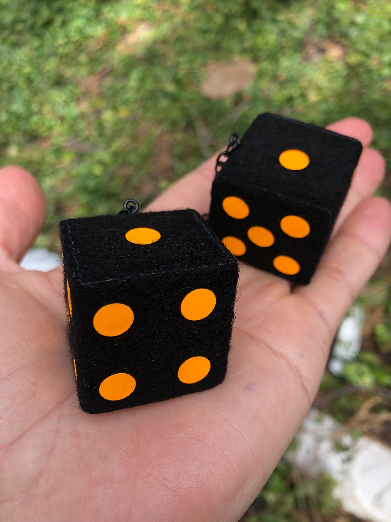 Black Fuzzy Dice With Neon Orange Dots and Chain or Cord / Car ...