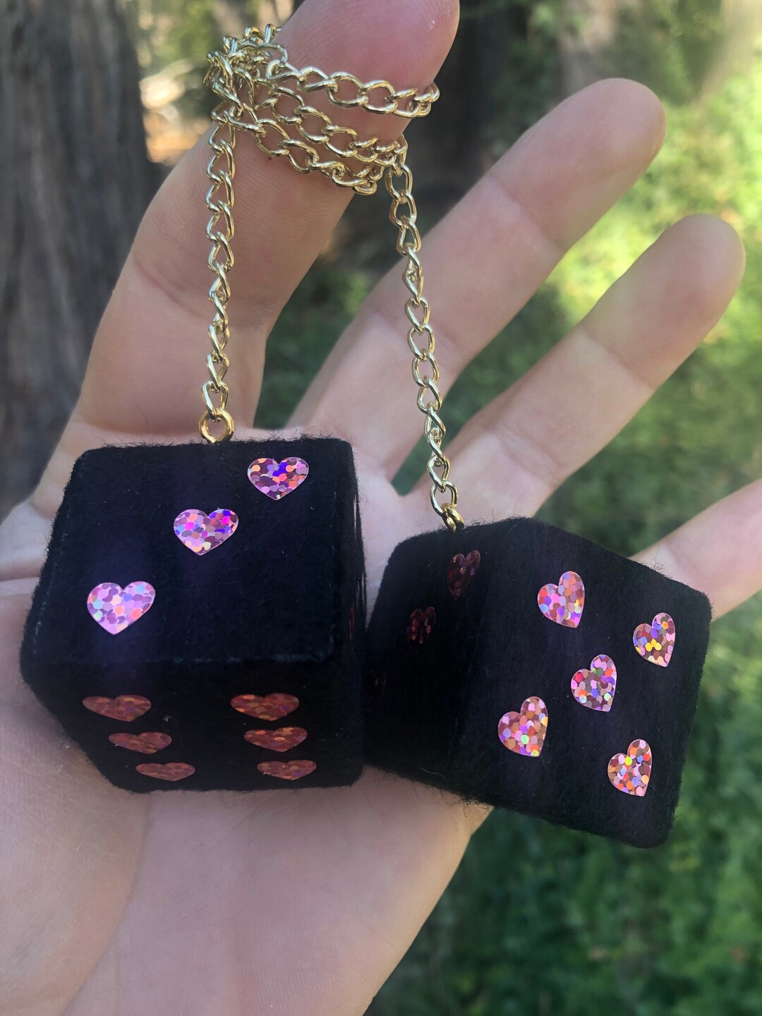 Black Fuzzy Dice With Light Pink Sparkle Hearts and Chain or Cord / Car ...