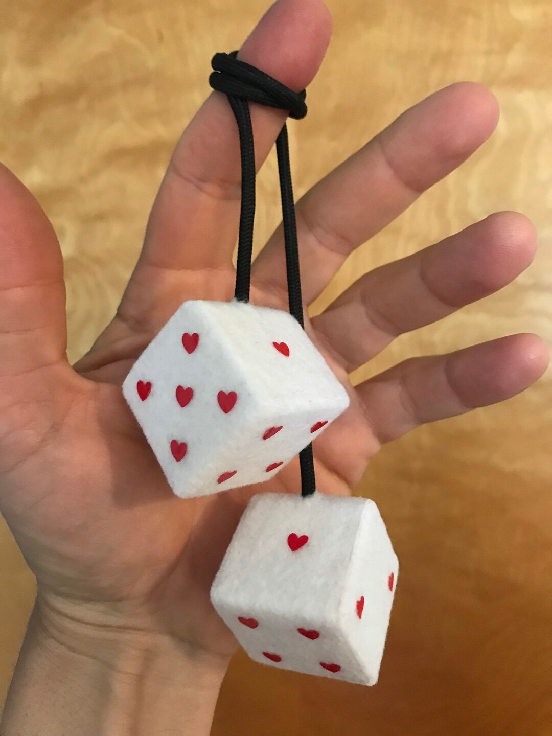 White Fuzzy Dice With Red Hearts and Chain or Cord / Car Accessories ...
