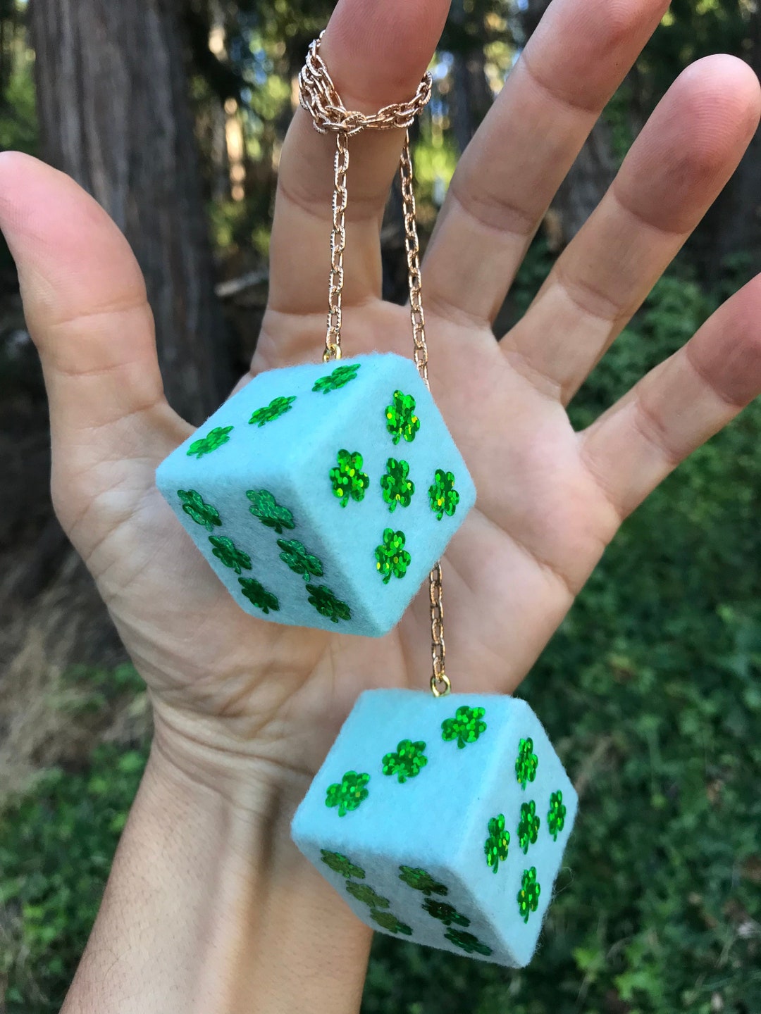 Fuzzy Minty Green Dice of Shamrocks Bling New Product Car or Truck Hand ...