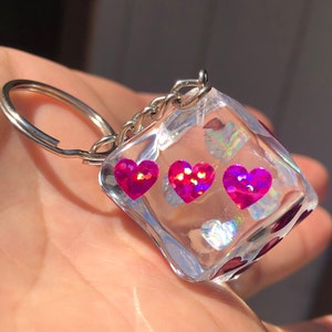 Ice Dice Keychain With Hot Pink Sparkle Hearts Ice Cube Keys Holder ...