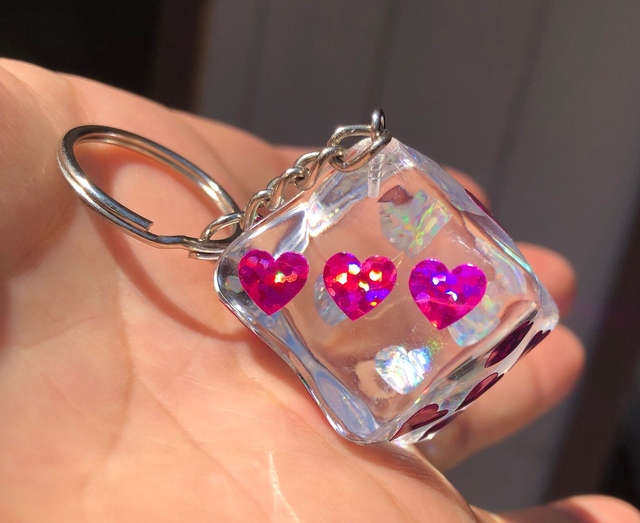 Ice Dice Keychain With Hot Pink Sparkle Hearts Ice Cube Keys Holder ...