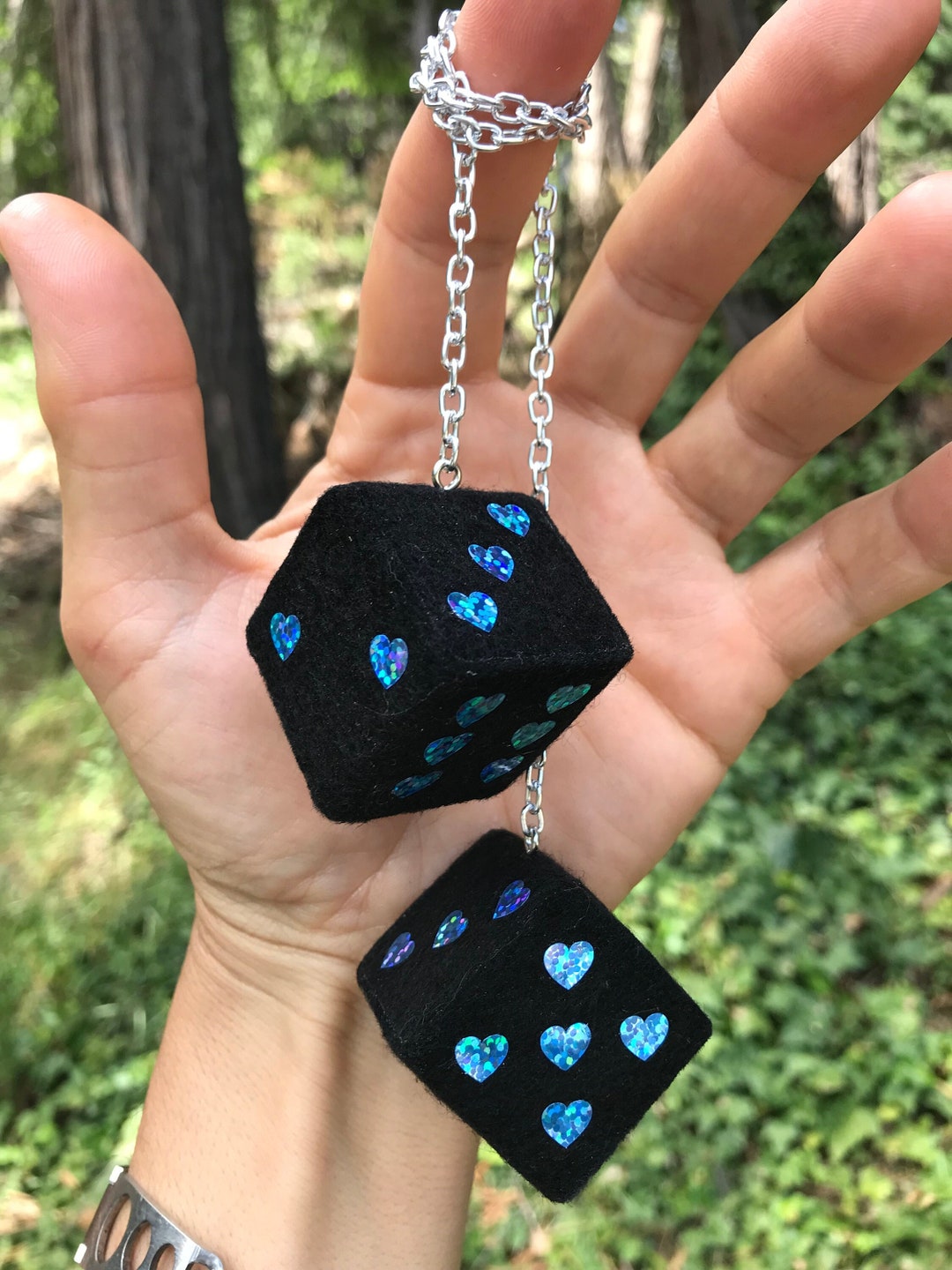 Black Fuzzy Dice With Blue Sparkle Hearts and Chain or Cord / Car ...
