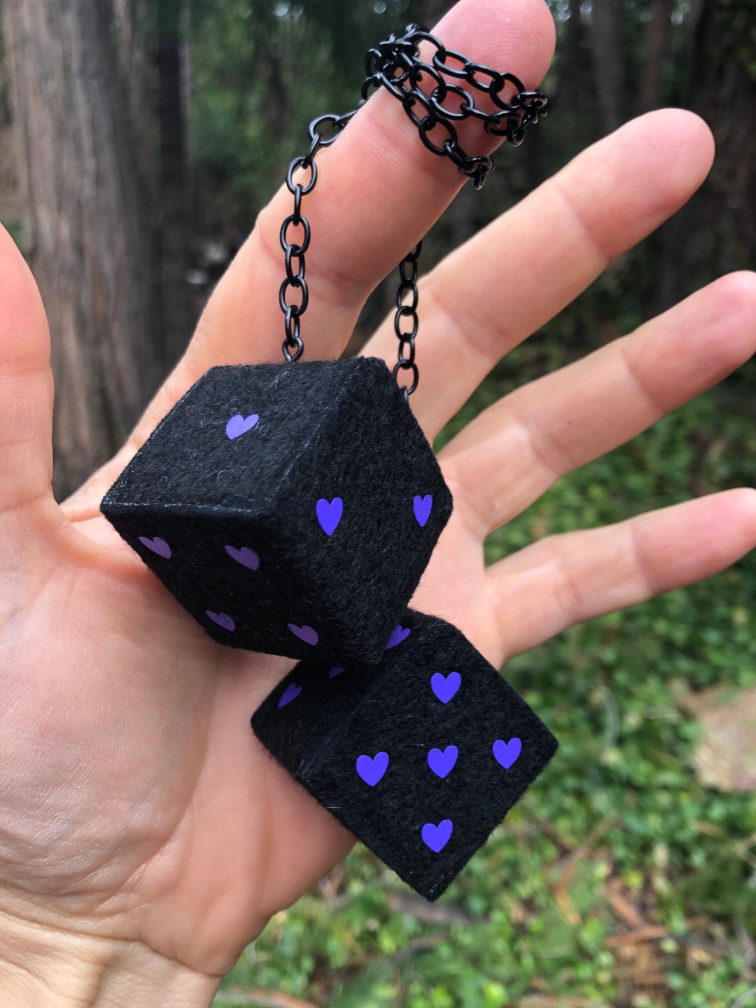 Black Fuzzy Dice With Purple Hearts and Chain or Cord / Car Accessories ...