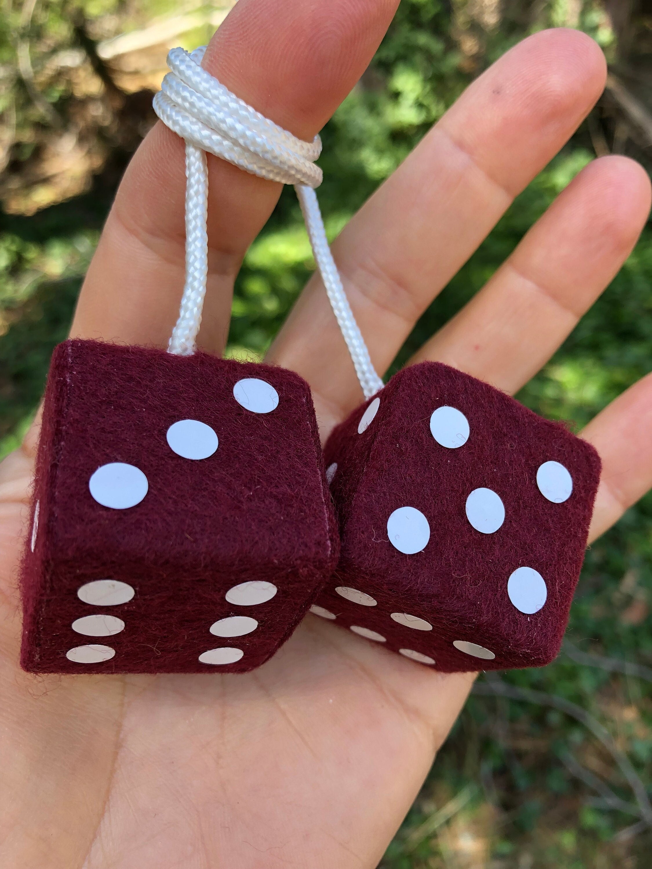 Burgundy Fuzzy Dice With White Dots and Chain or Cord / Car Accessories ...