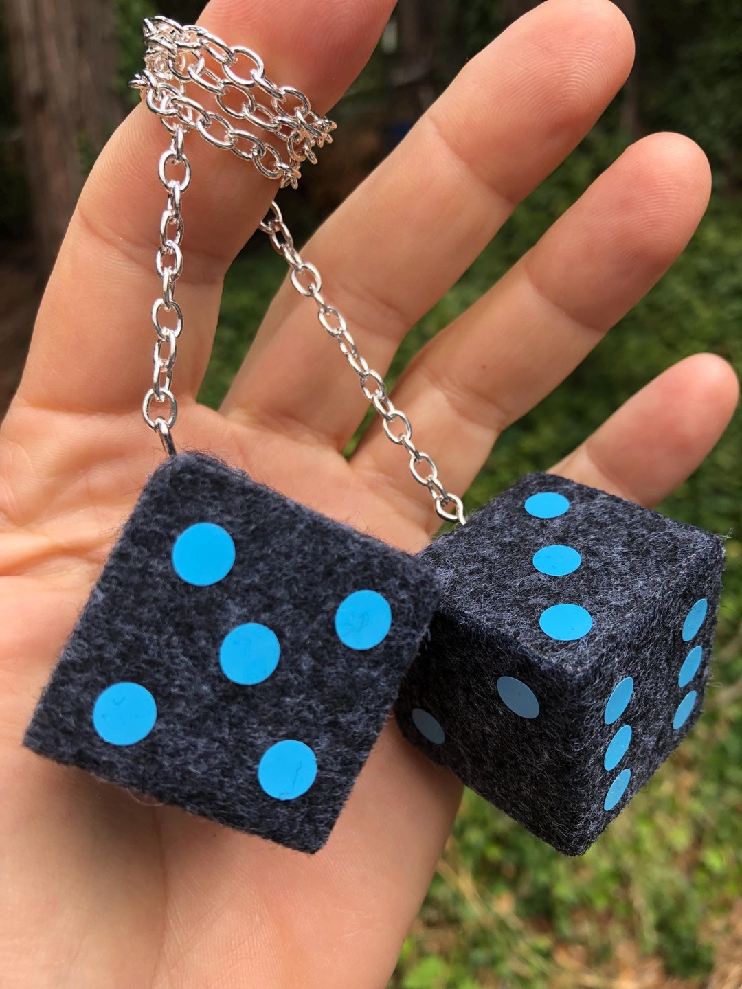 Smoky Fuzzy Dice With Light Blue Dots and Chain or Cord / Car ...