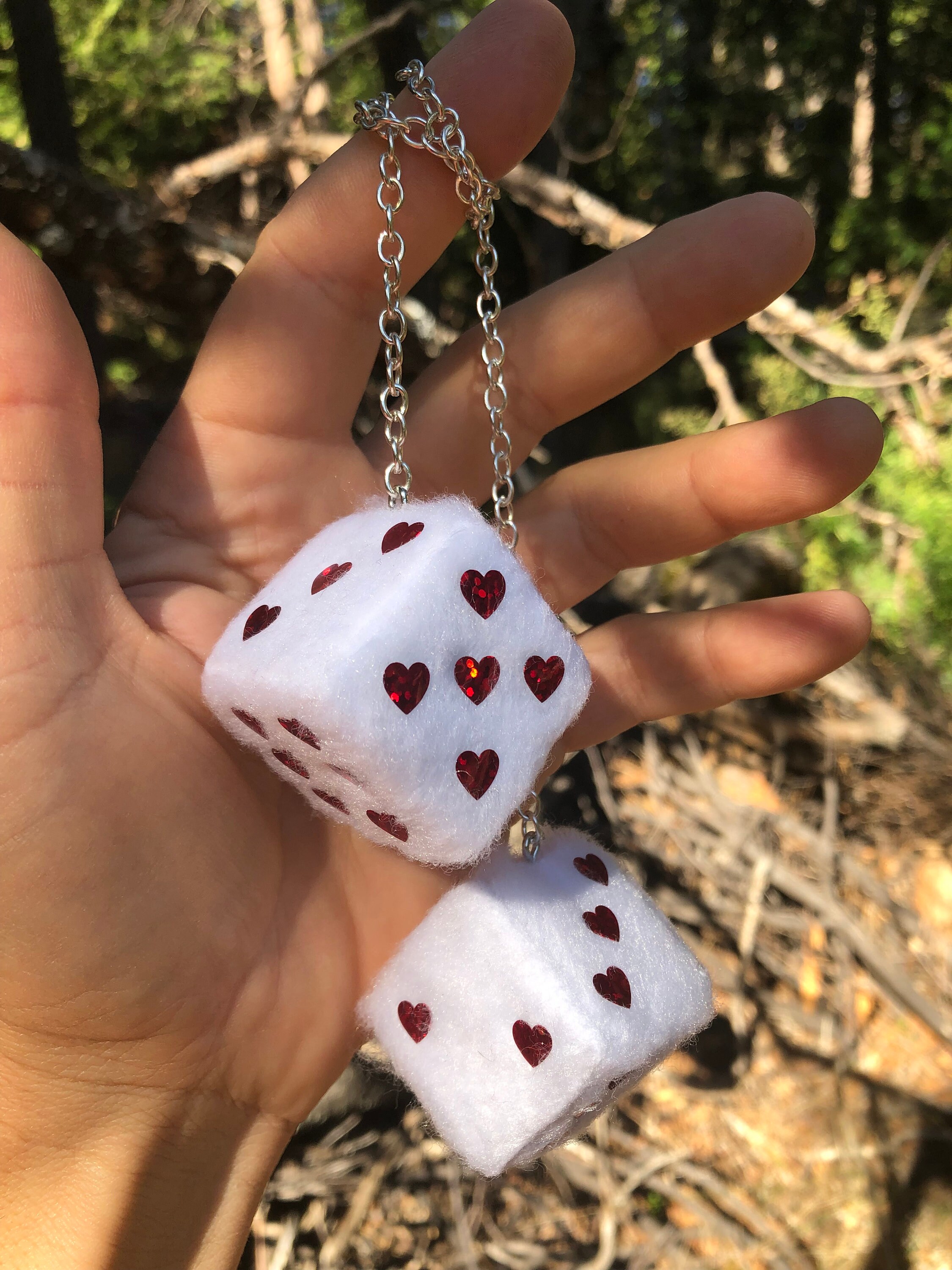 White Plush Fuzzy Dice With Red Sparkle Hearts and Chain or Cord / Car ...