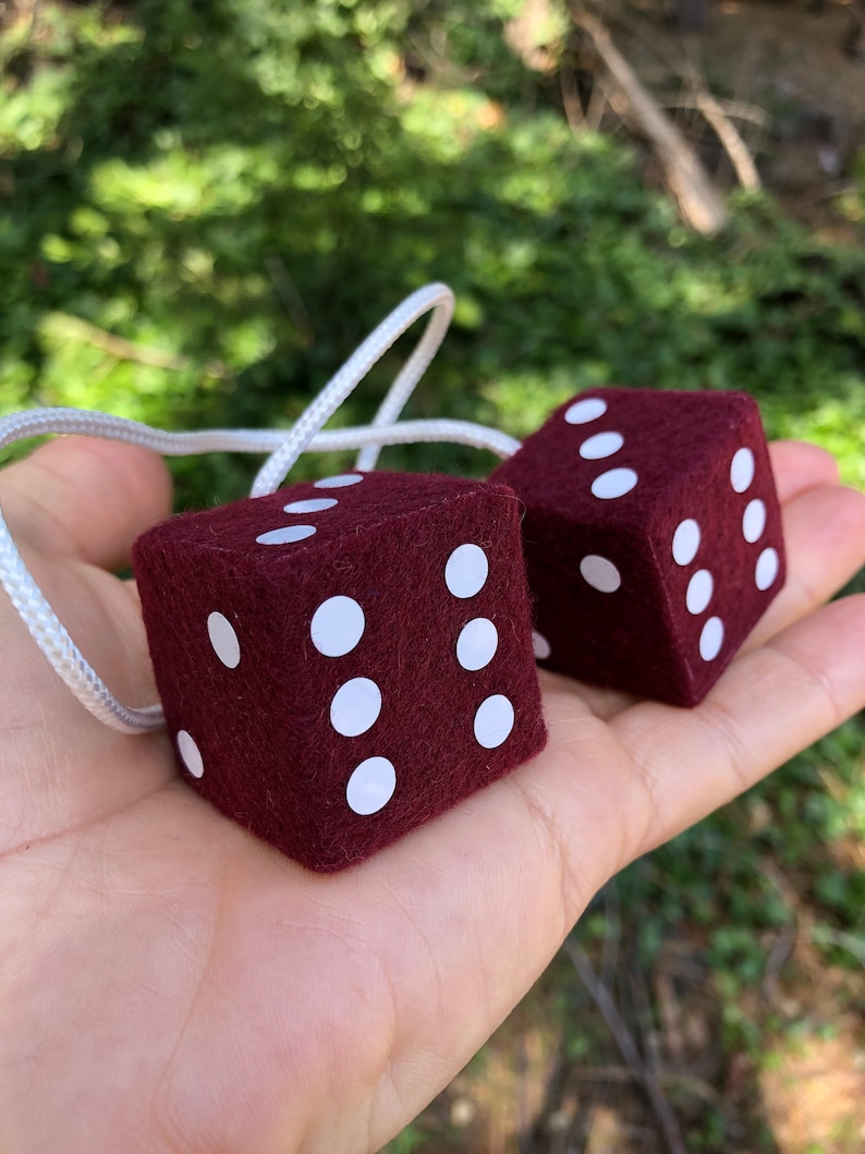 Burgundy Fuzzy Dice With White Dots and Chain or Cord / Car Accessories ...