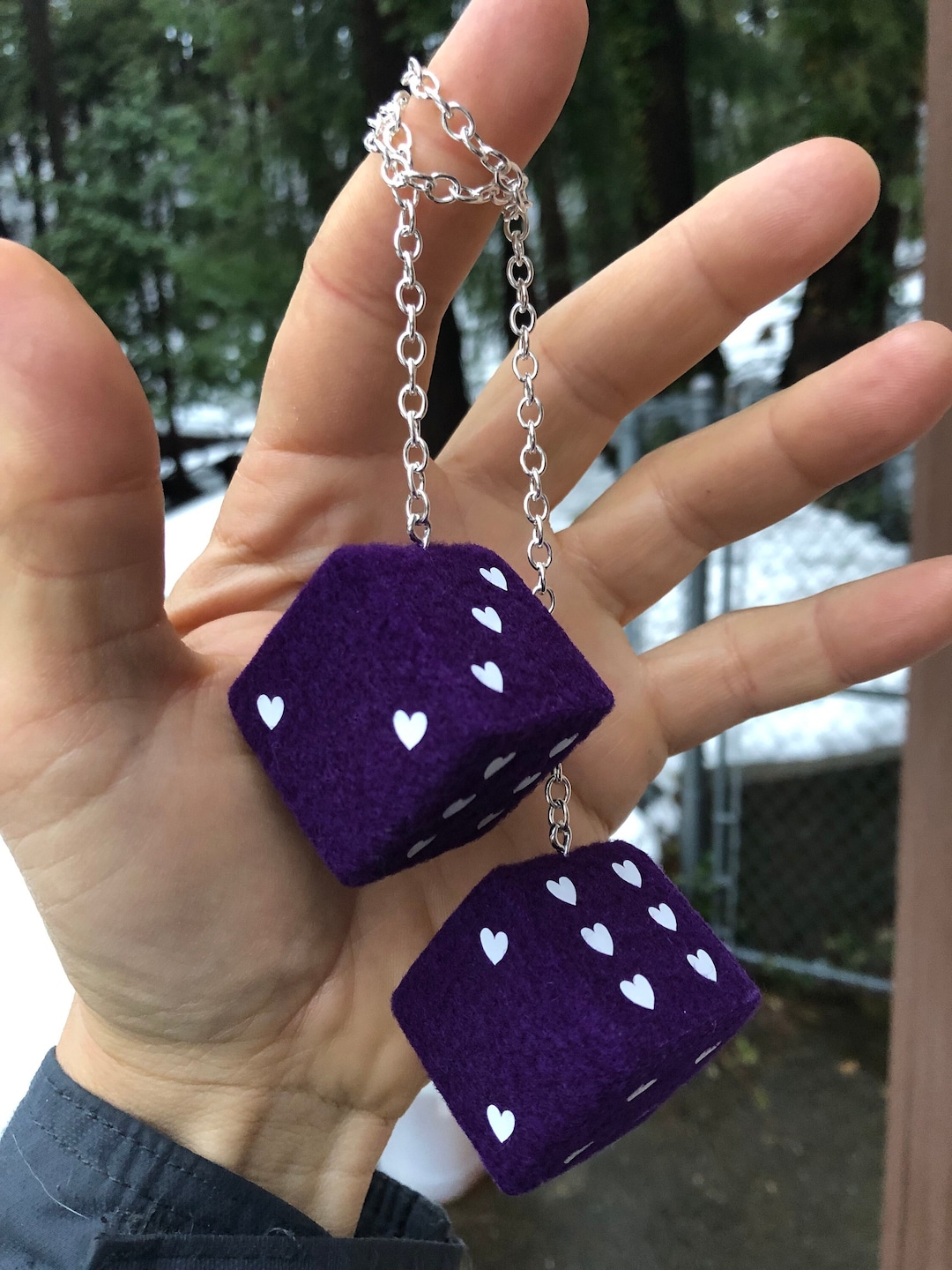 Dark Purple Fuzzy Dice With White Hearts and Chain or Cord / Car ...
