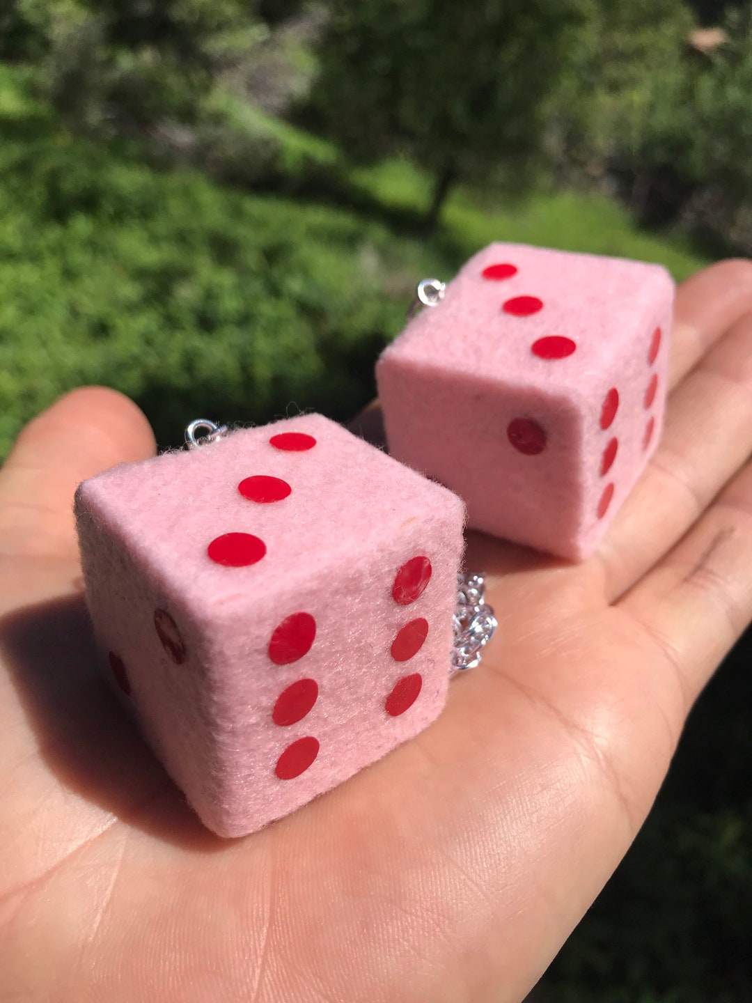 Baby Pink Fuzzy Dice With Red Dots and Chain or Cord / Car Accessories ...