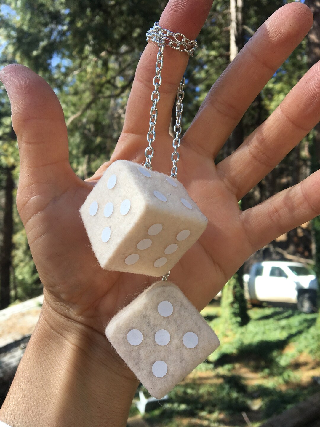 Cream Fuzzy Dice With White Dots and Chain or Cord / Car Accessories ...